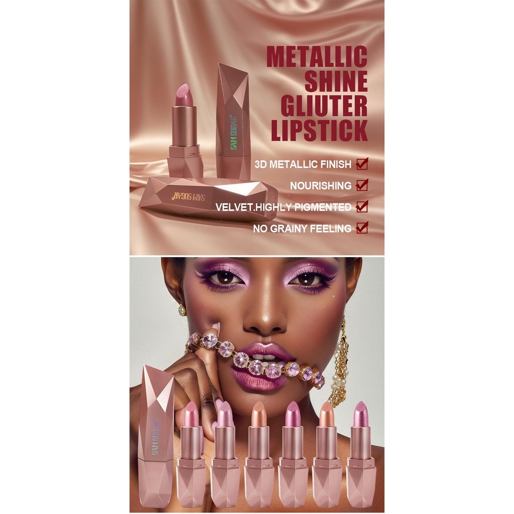 SAM SUGAR 6 Colors Glitter Metallic Lipstick Waterproof Lasting Non ...