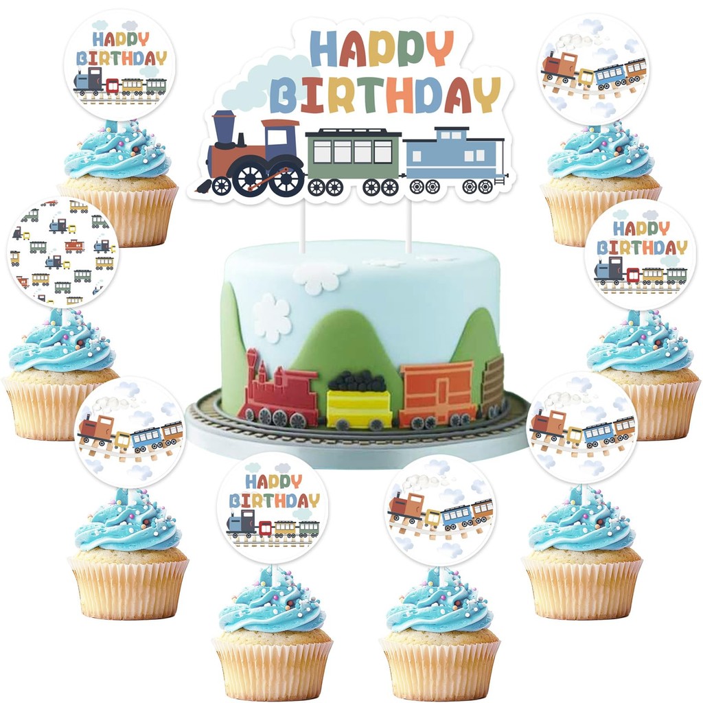 1Set Train Theme Birthday Cake Decorations Steam Train Cake Cupcake ...