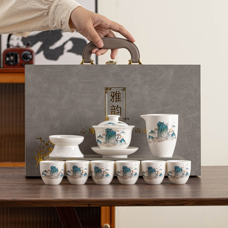 High-end Tea Set Gift Household Full Set of Sheep Fat Jade Porcelain ...