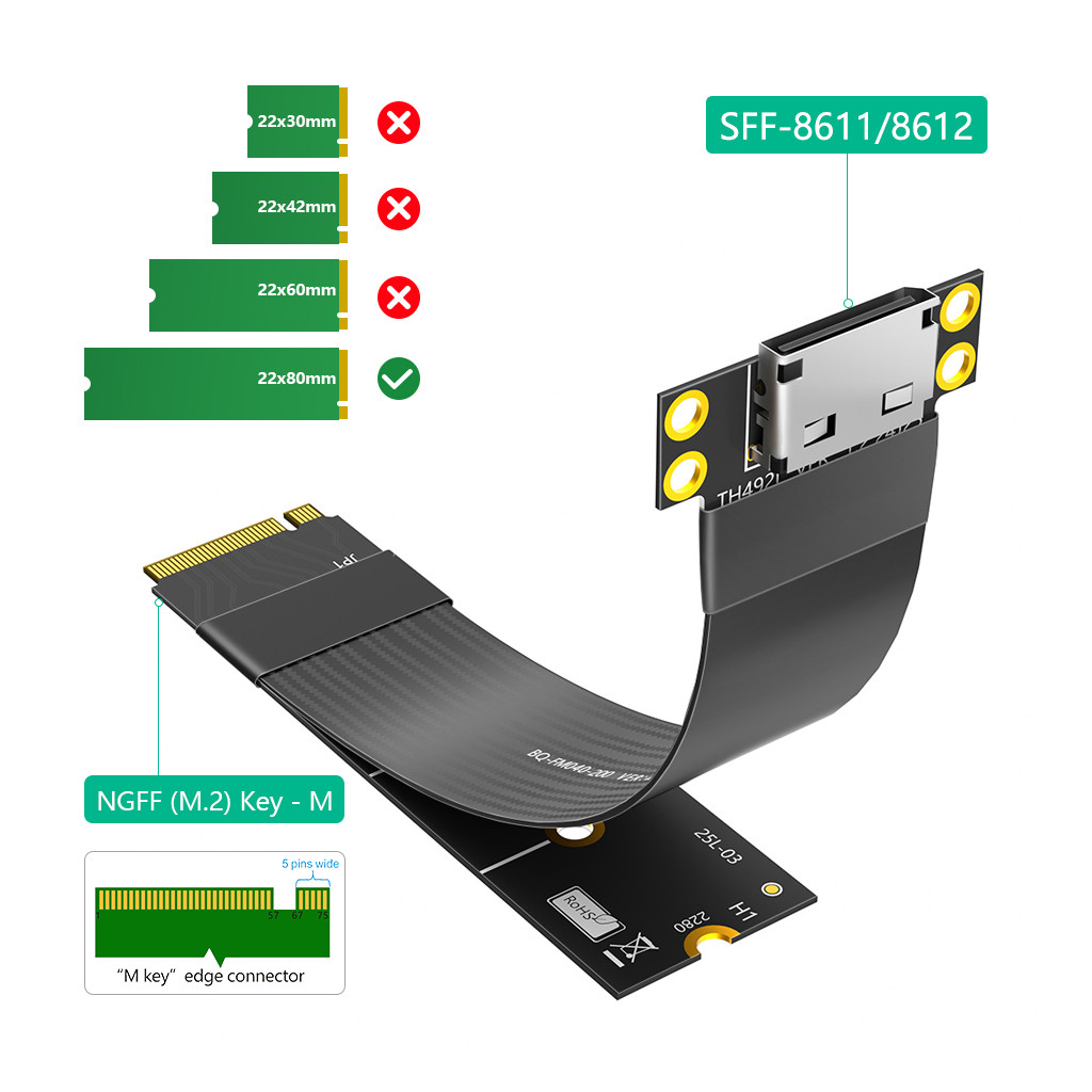 M.2 For NVME To Oculink 4i Extension Cable For SSD Graphics Card M2 M ...