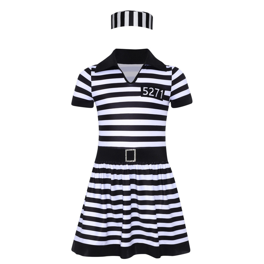 Fldy Kids Girls Prisoner Cosplay Costume Striped Jailbird Dress with ...