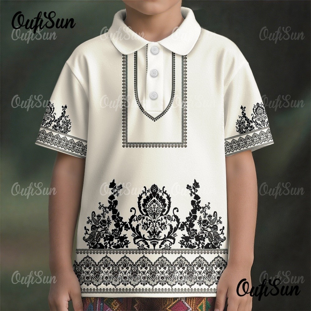 Tribal Geometric Barong Tagalog Kids Polo Short Sleeve Shirt White ...