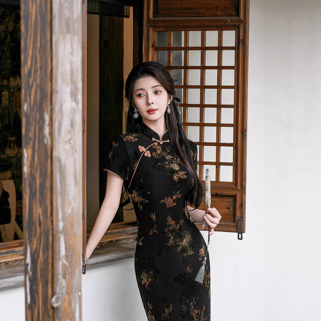 Black Retro Short-Sleeved Cheongsam - Old Shanghai Style 2025 | Shopee ...