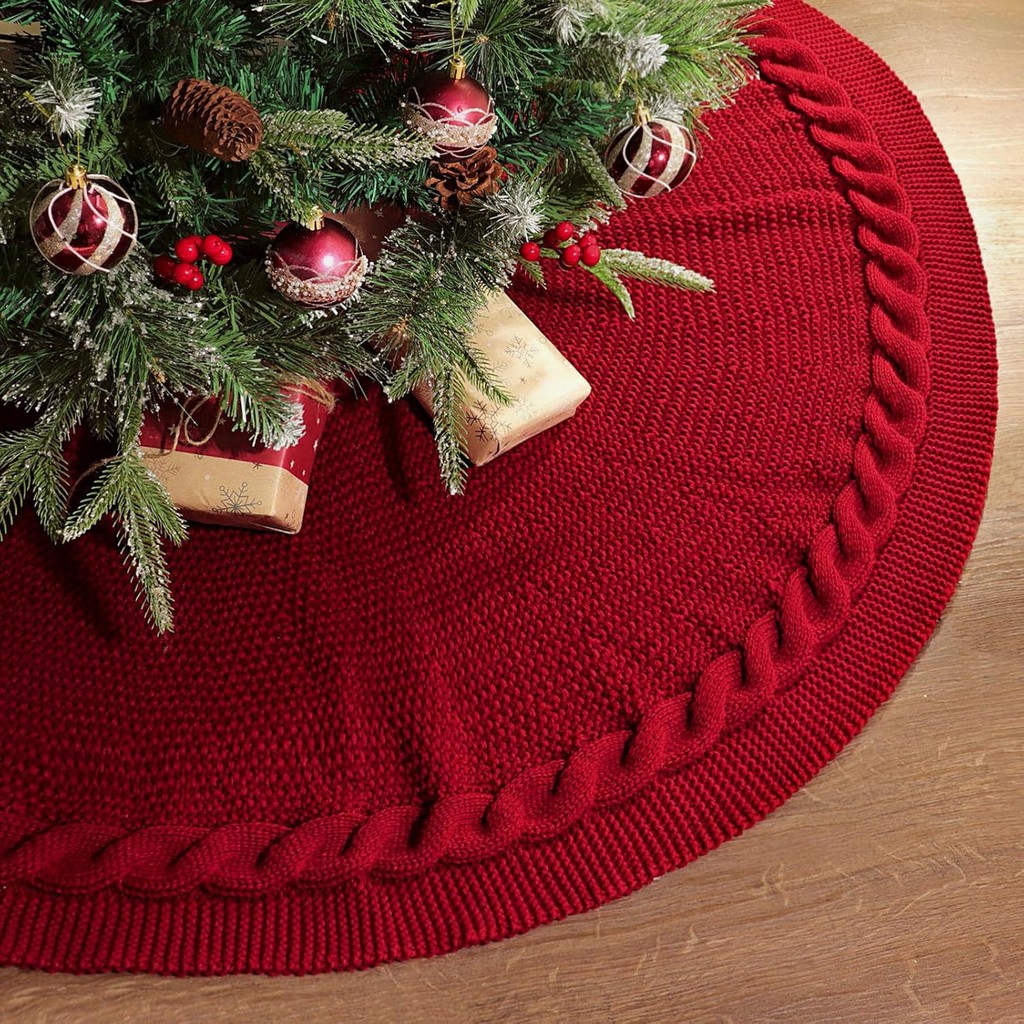 122cm Large Knit Christmas Tree Skirt Wine Red & Ivory Xmas Tree Base ...