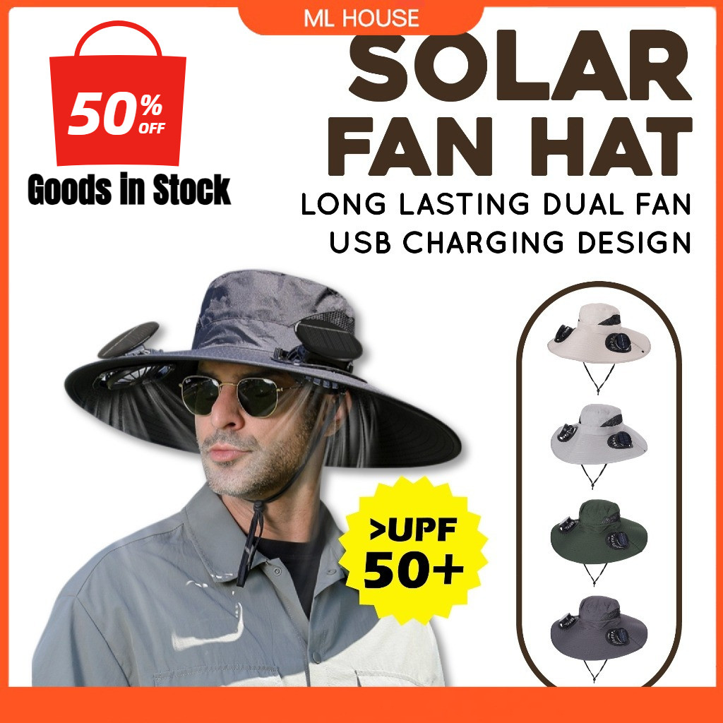 Outdoors Dual Fan Solar Fan Hat Topi Solar Dwi Kipas Summer Fishing Hat ...