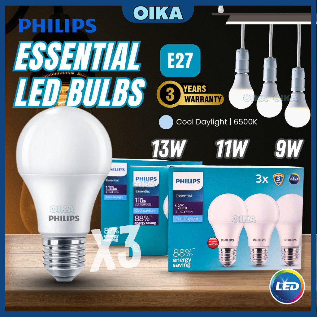 Philips Essential LED Bulb 3X E27 9W / 11W / 13W | 6500K Cool Daylight Lampu LED Rumah Energy ...