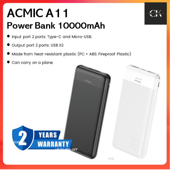 ACMIC A11 Powerbank 10000mAh USB Outputs Type-C Input Only | Shopee ...