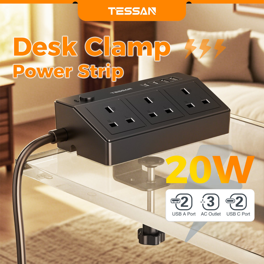 TESSAN Desk Clamp Extension 1.8M Cord Socket Adapter with USB Type C ...