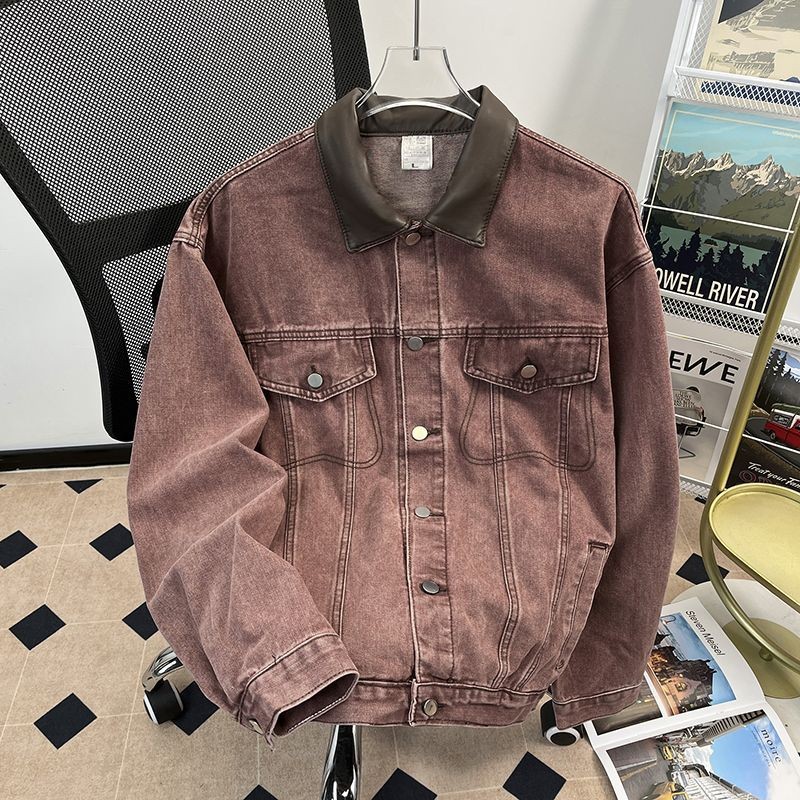 American Retro Detroit Cargo Denim Jacket Men Contrast Color Lapel ...