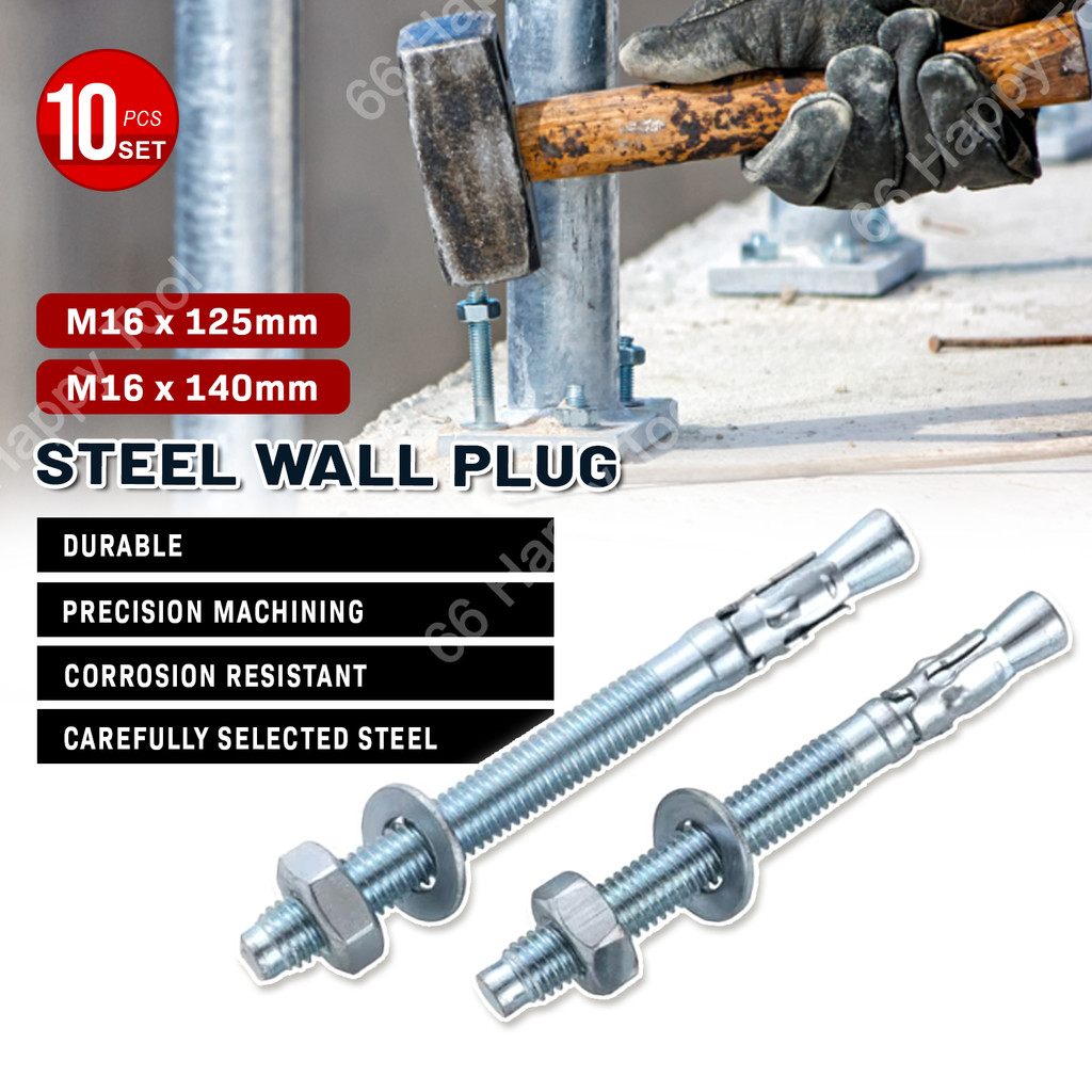 (10PCS) M16 Wedge Anchor Bolt Baji Sauh Steel Wall Plug Threaded ...