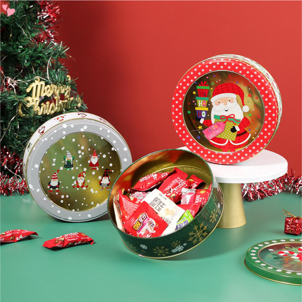 Round Christmas Holiday Cookie Tin Containers with Window, Holiday ...