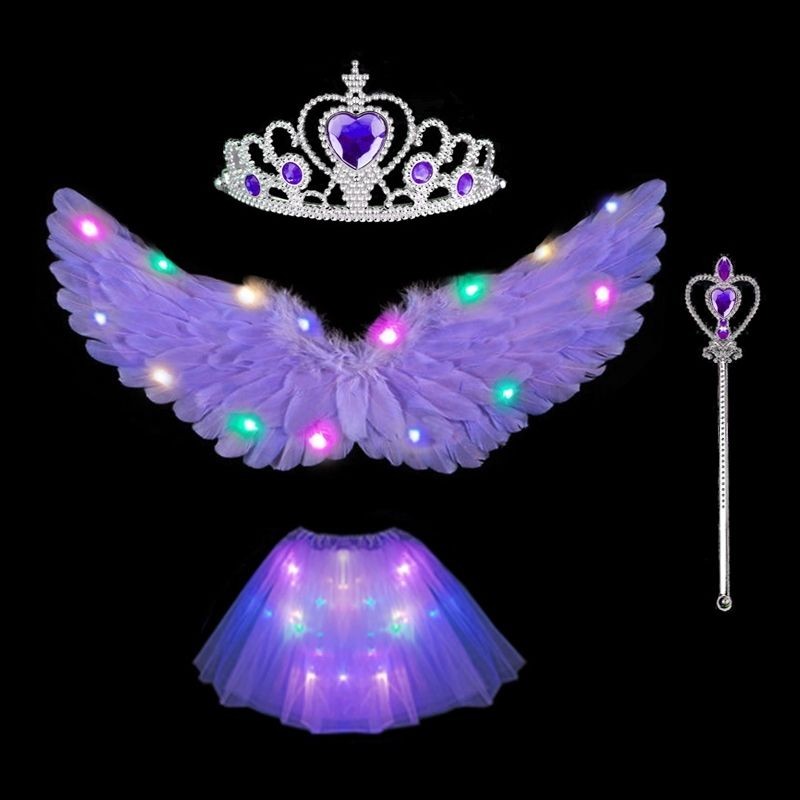 新天使发光羽毛翅膀仙女棒套装公主生日礼物儿童发光装饰表演道具New Angel Glow Feather Wings Fairy Stick ...
