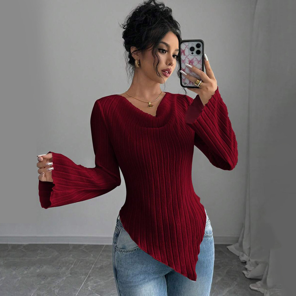 【Ready Stock】Women's Ribbed Knit Sweater - Slim Fit Fall Top blouse ...