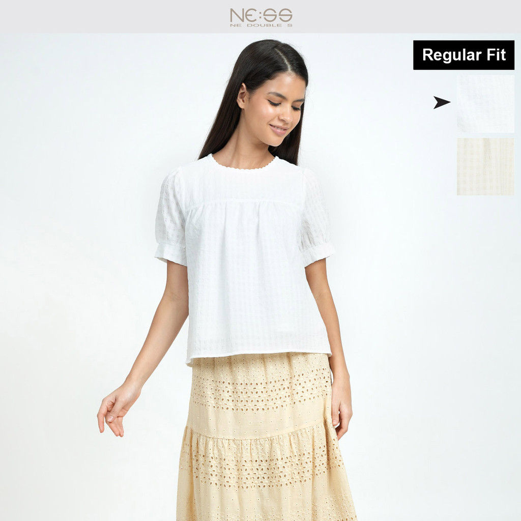 (Blouse Only) NE Double Round Neckline Short Puff Sleeve With Emboss ...