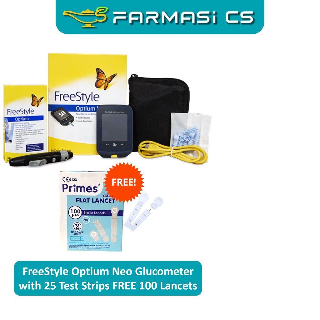 FreeStyle Optium Neo Glucometer with 25 Test Strips FREE Primes 100 ...