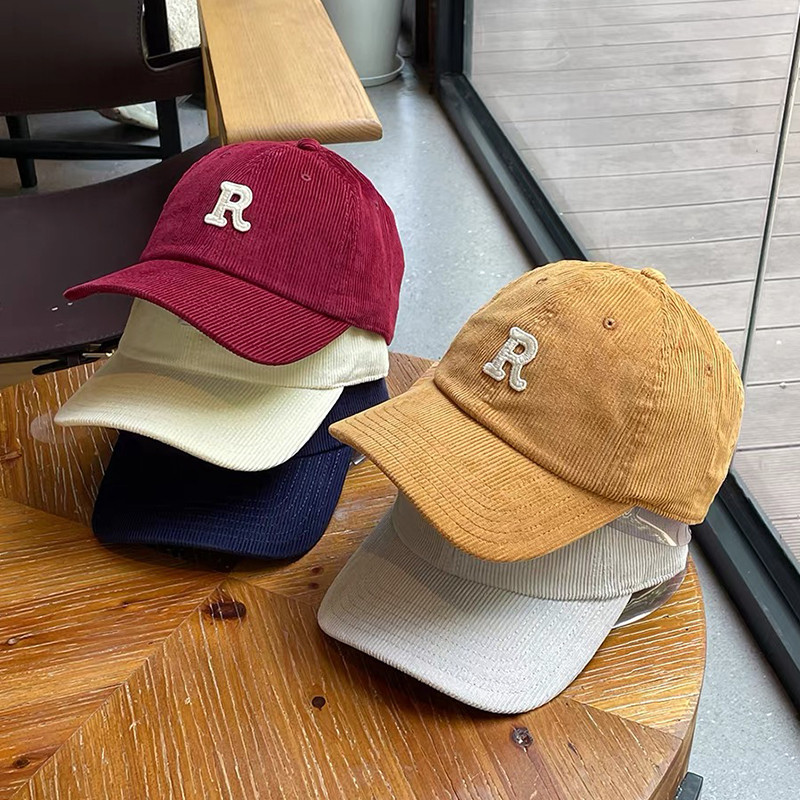 High-quality corduroy R-letter baseball cap with hard top in various ...