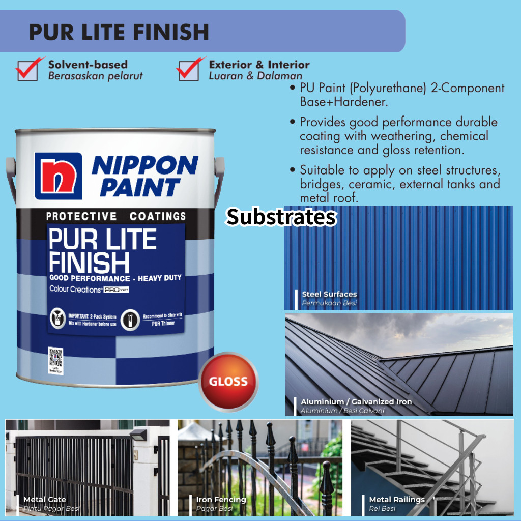 5L NIPPON PAINT PUR LITE FINISH l PU Recoatable Finish Gloss l PUR Cat ...