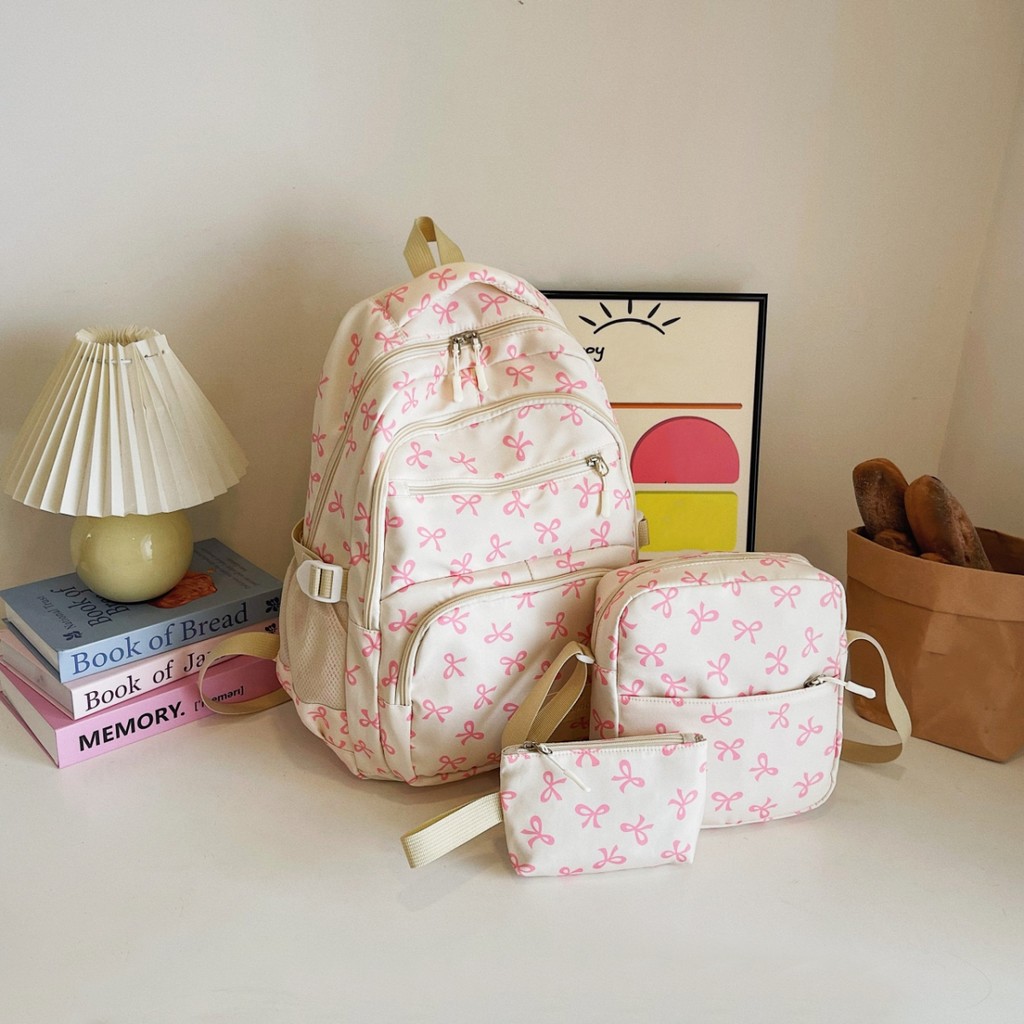 Three-Piece Set Bow Backpack Girl Heart Preppy Style Floral Backpack ...