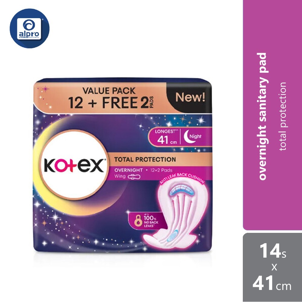 Kotex Total Protection Overnight Wing 41cm x 12s+2s | High Absorption ...