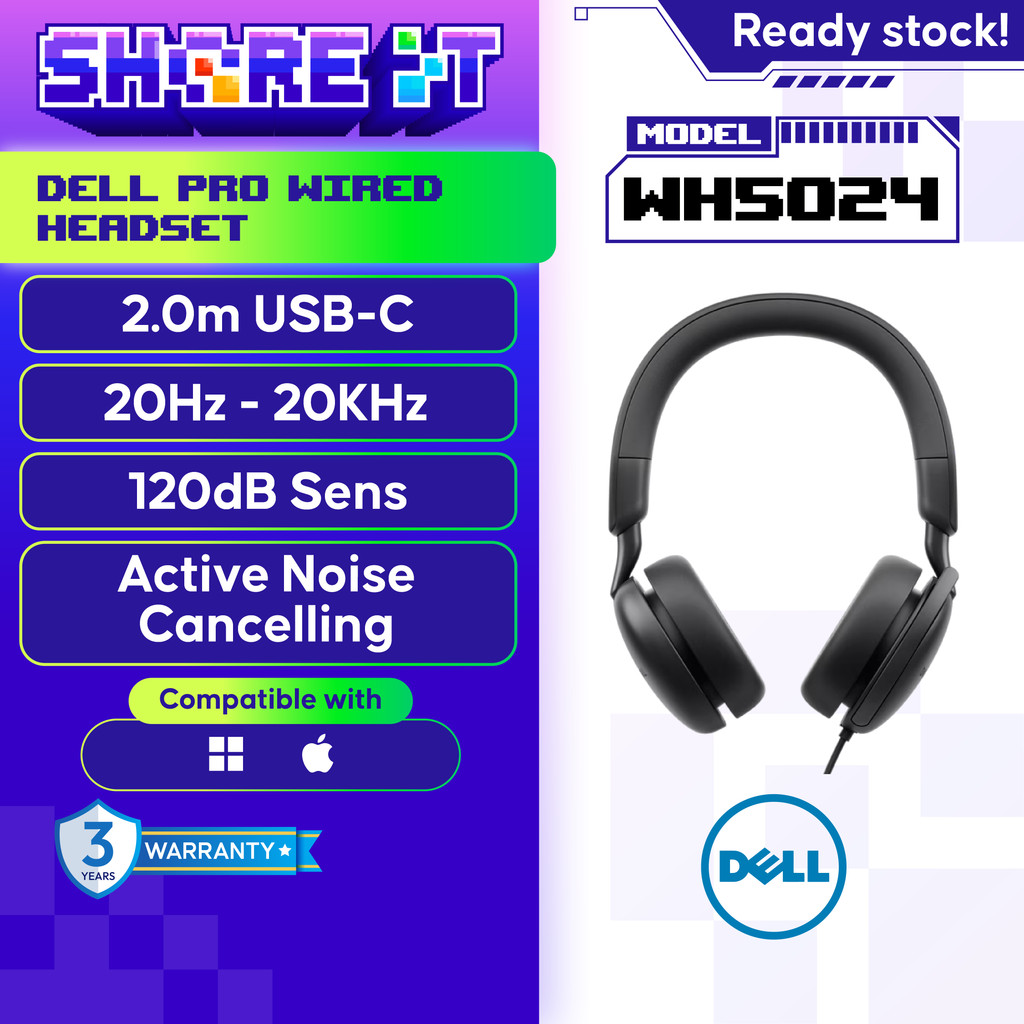 DELL Pro Plus WH5024 Wired Headset with ANC & Noise-Cancelling Mic ...