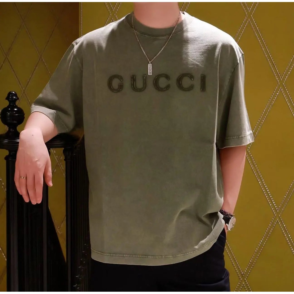 GUC Gucci Old Grass Green Printed Round Neck Short Sleeve Half Sleeve T ...