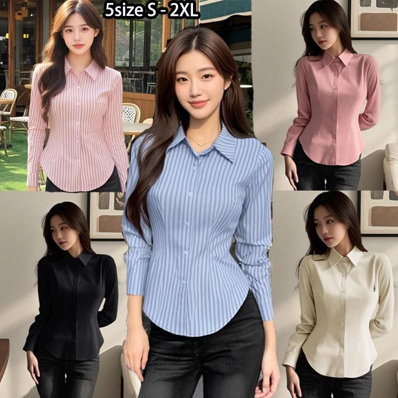 G&M#Kemeja berjalur Perancis bahagian atas pinggang baju ramping wanita ...