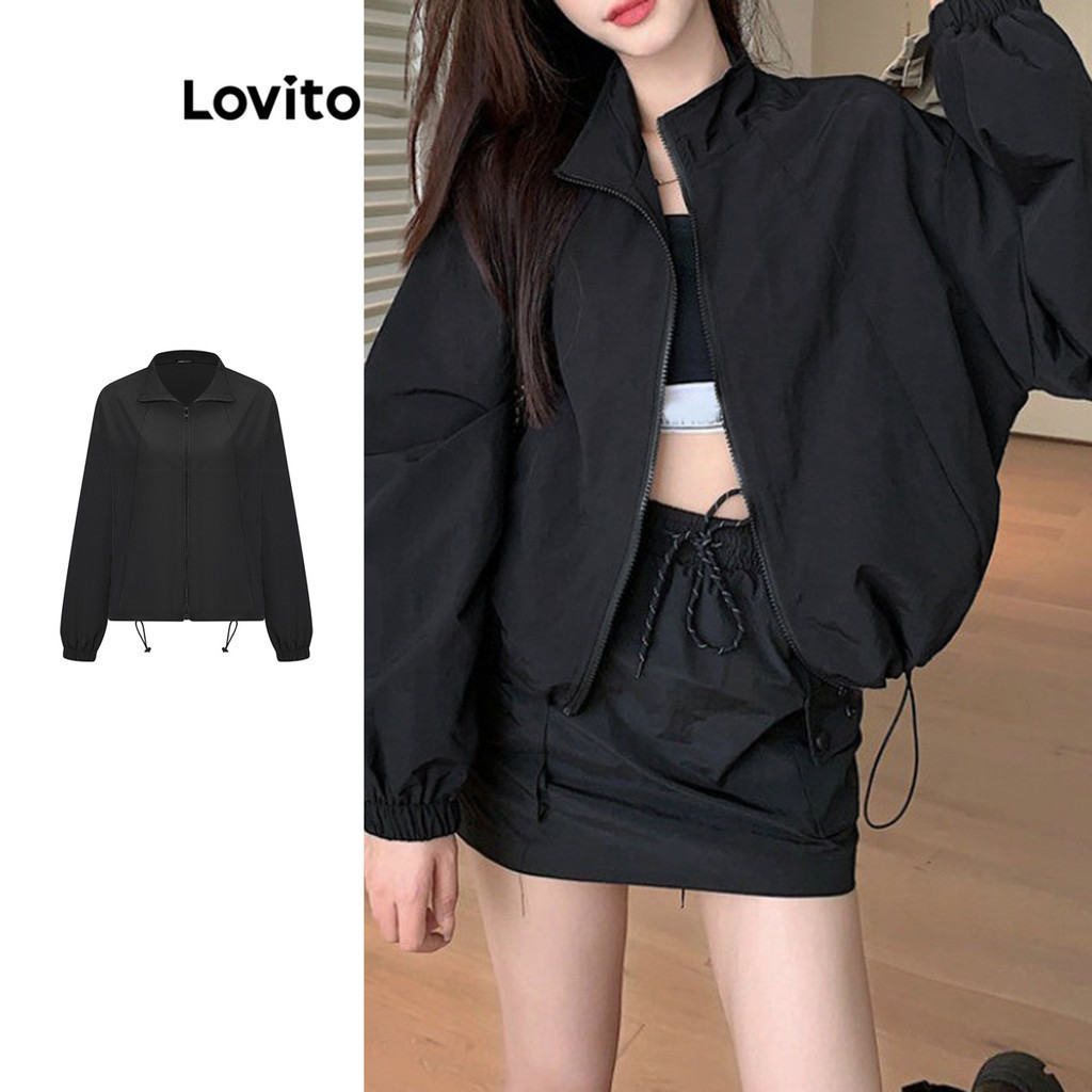 Lovito Casual Jacket Zipper Pocket Drawstring Windbreaker/Waterproof ...