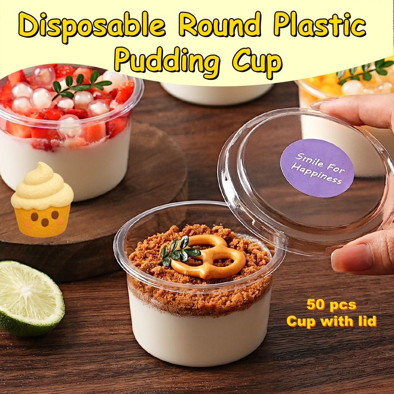 50PCS Disposable Round Plastic Pudding Cup with Lid Dessert Cup ...