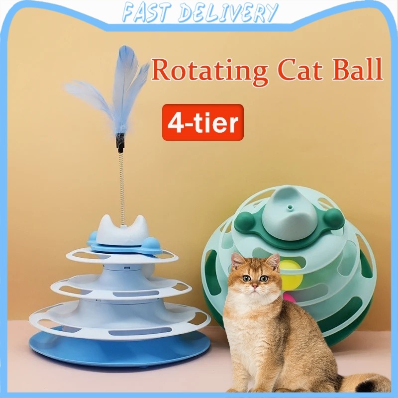 Cat Tower Ball with Feather 4 Layers Interactive Cat Toy Turntable ...