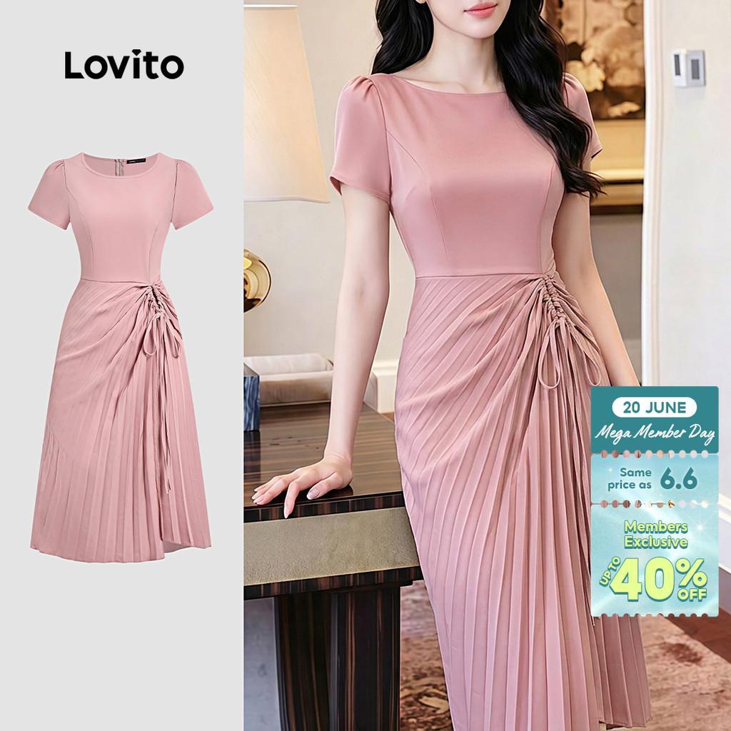 Lovito Elegant Dress Pleated Spring/summer Pink Dress for Women ...