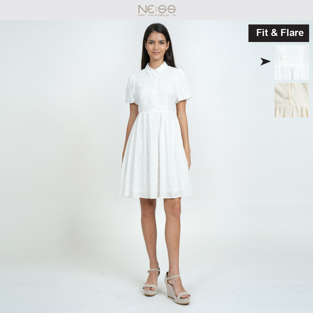 NE Double S Fold Neckline Button Down Short Puff Sleeve with Bow ...