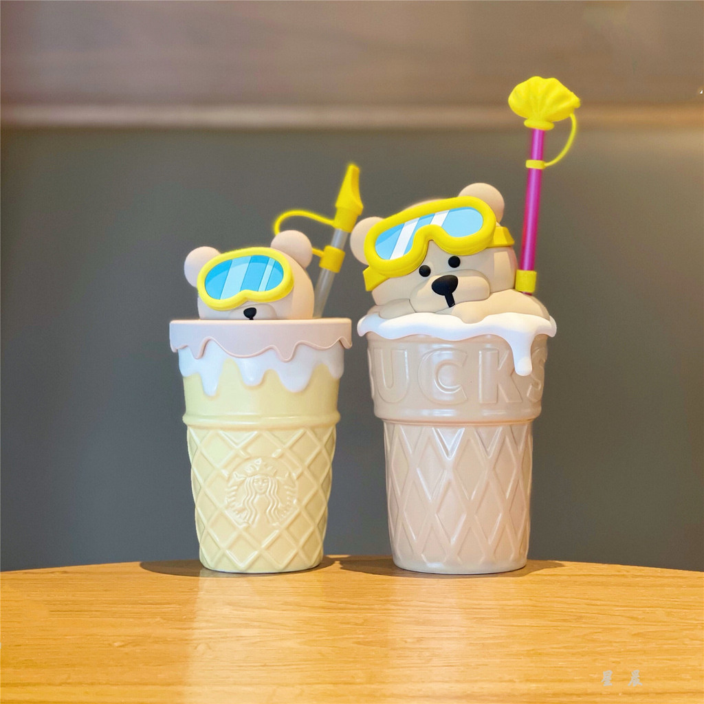 Starbucks Drinking Cup Diving Bear with Silicone Cup Lid Ice Cream Cone ...