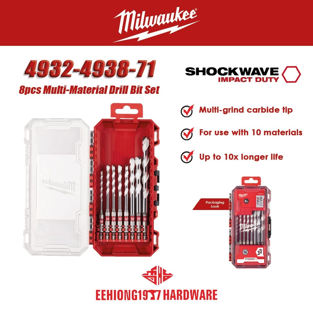 MILWAUKEE 4932-4938-71 SHOCKWAVE Impact Duty 8pcs Carbide Multi Material Drill Bit Set ...