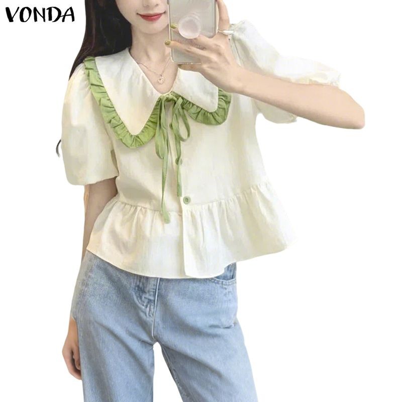 VONDA Korean French Sweet Doll Collar Shirt with Puff Sleeves & Lace-Up ...