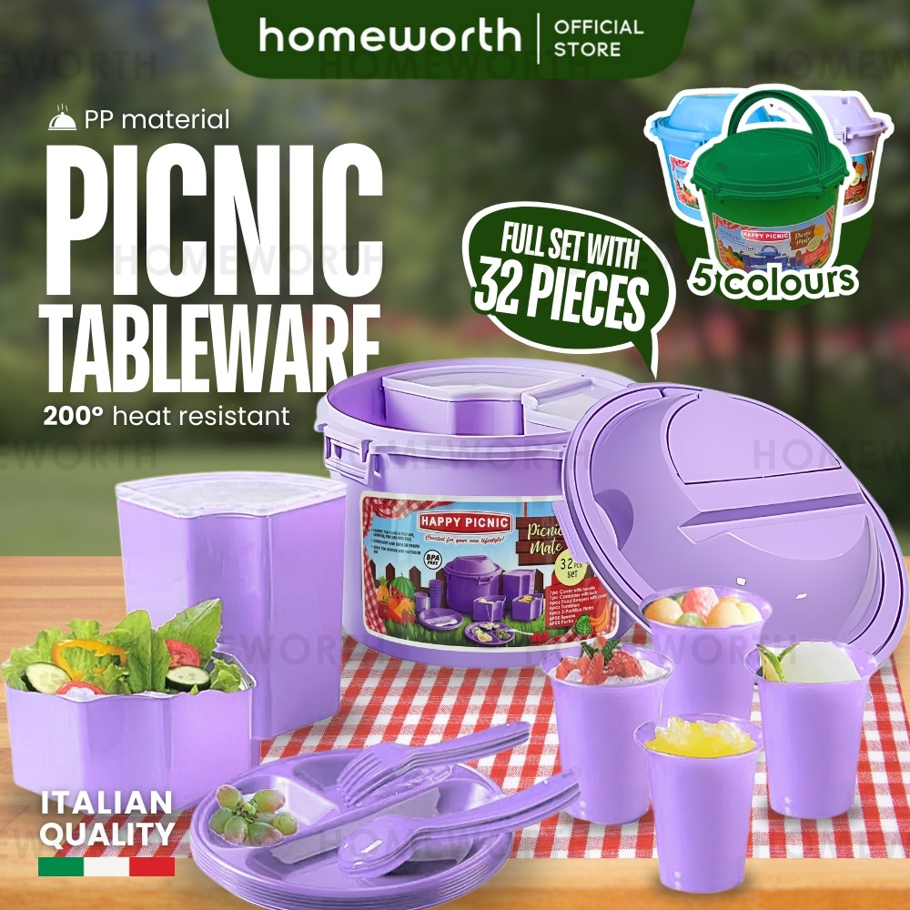HOMEWORTH 32Pcs Portable Camping Picnic Bucket with Plates Spoons and ...