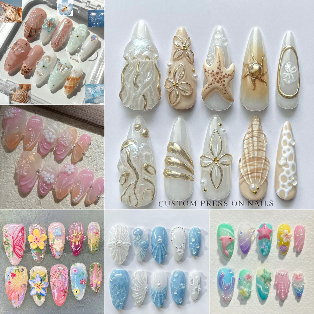 10 Pcs Summer New Handmade 3D Fake Nails Ocean Shell Wear Nail Y2k Art ...