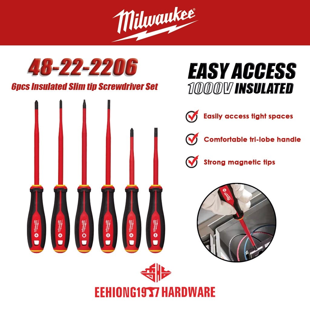 MILWAUKEE 48-22-2206 6pcs 1000V Insulated Slim Tip Screwdriver Set ...