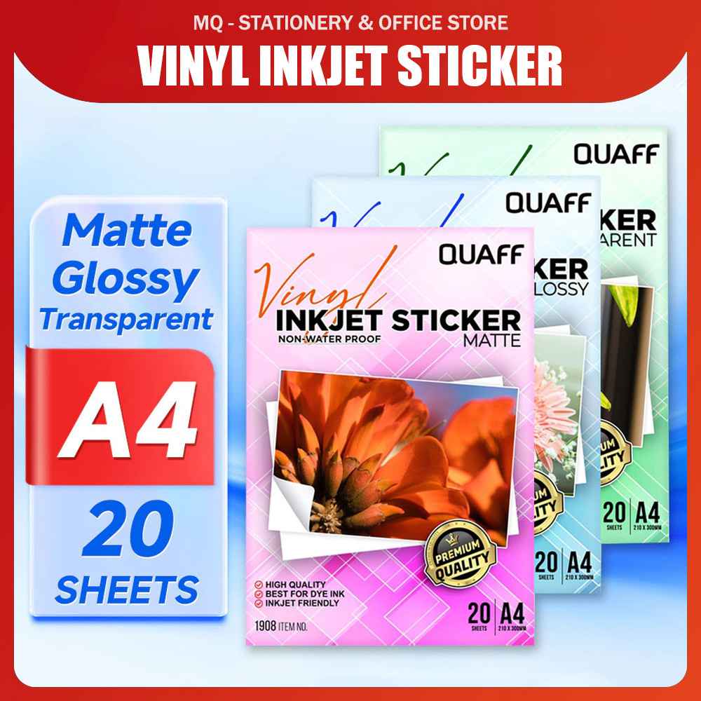 Quaff Vinyl Inkjet Sticker A4 ( Glossy | Matte | Transparent ) 20Sheets ...