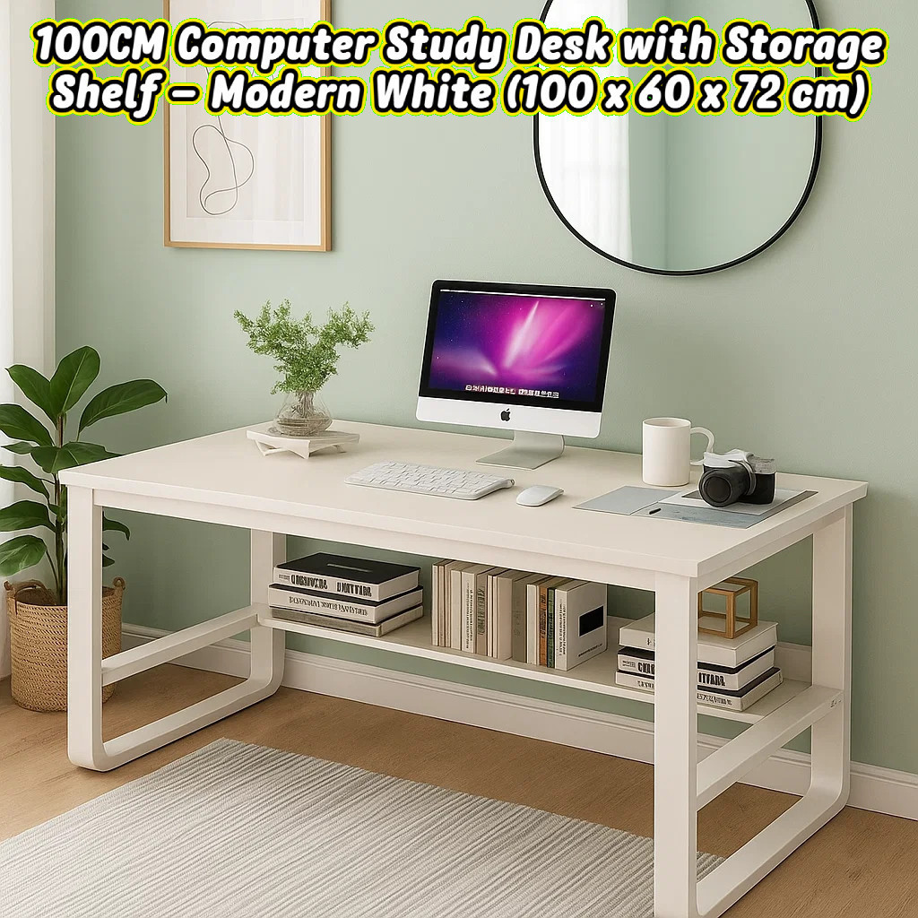 100CM Computer Study Desk with Storage Shelf – Modern White (100 x 60 x ...