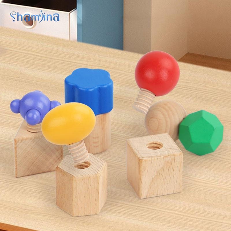 [Shamjina] Wooden Nuts And Bolts Staking Toy Shape Sorter Cube Toys for ...