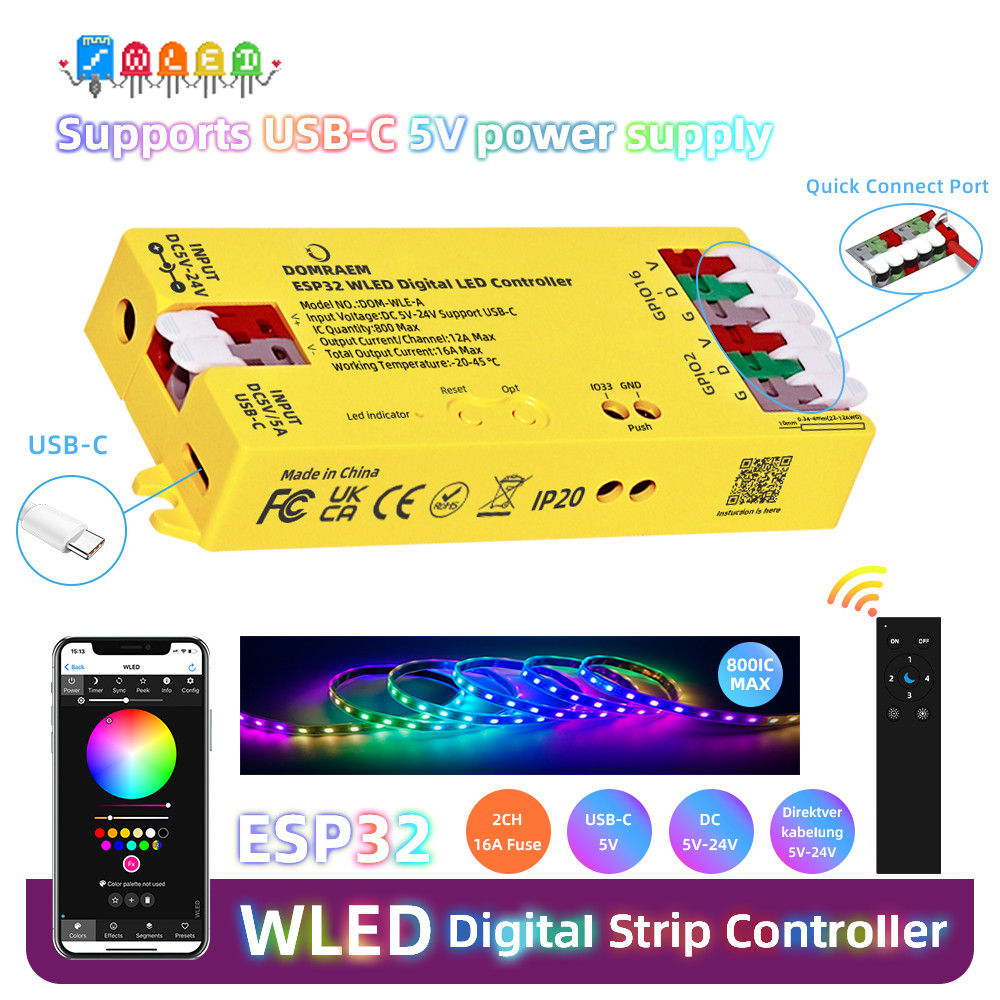 2025New Edition DOMRAEM ESP32 USB-C WLED Digital LED controller RGB IC ...