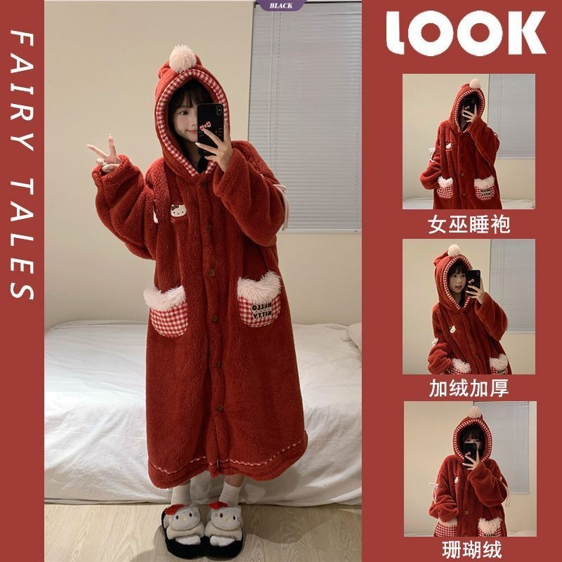 Red Plaid Pocket Witch KT Hooded Coral Velvet Pajama Set - Padded ...