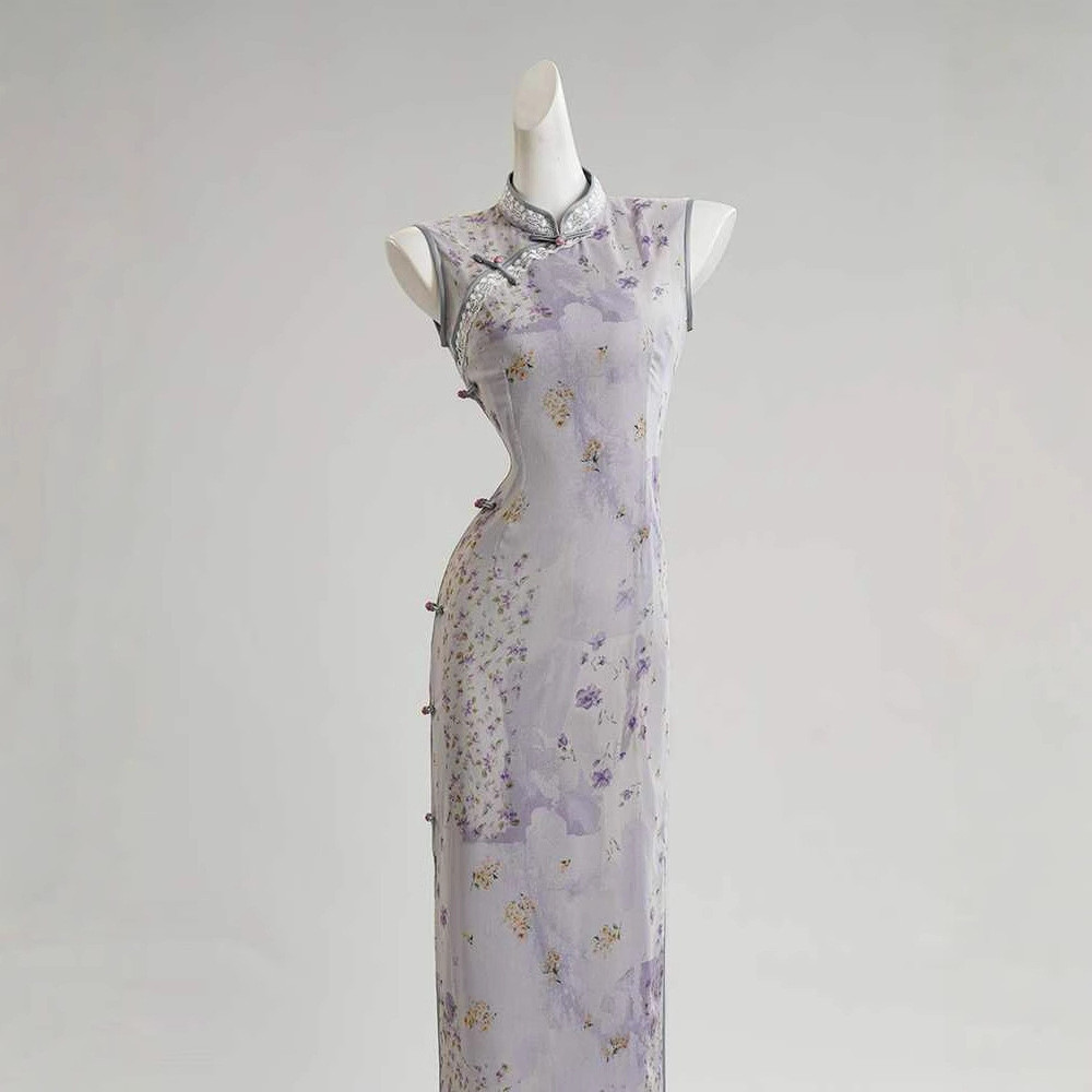 2025 Chinese Style Purple Floral Lace Slim Sleeveless Summer Cheongsam ...