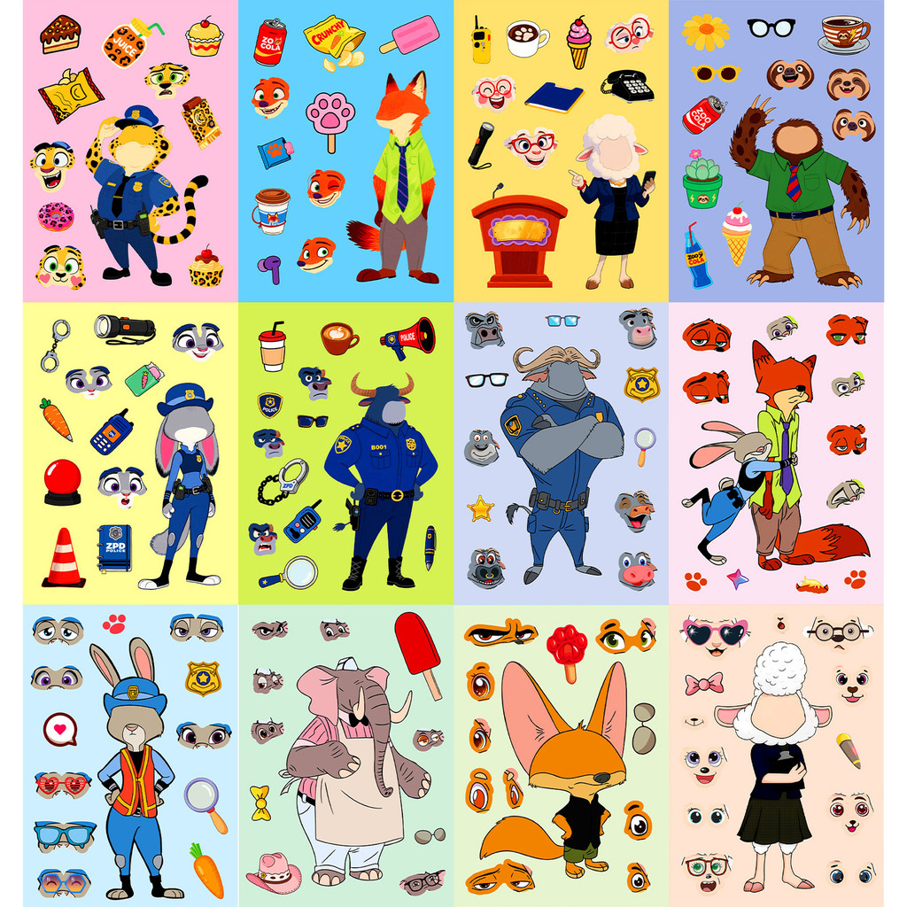 6pcs New Disney Cartoon Zootopia Puzzle Face Changing Stickers - Bogo ...
