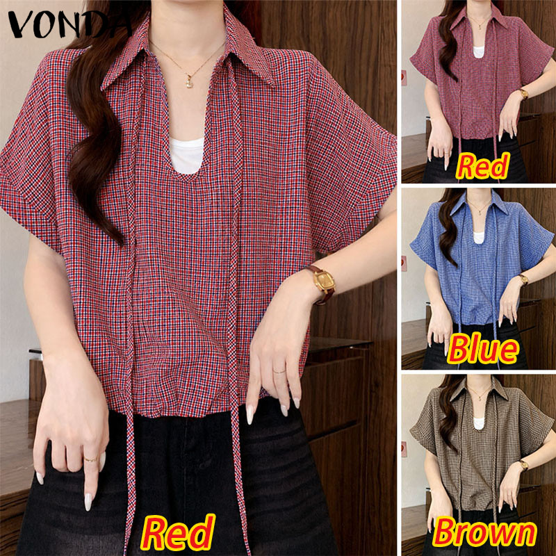 Vonda Women Korean Casual Plaid Shirt Collar U Neck Tie Cuffed Sleeve H ...
