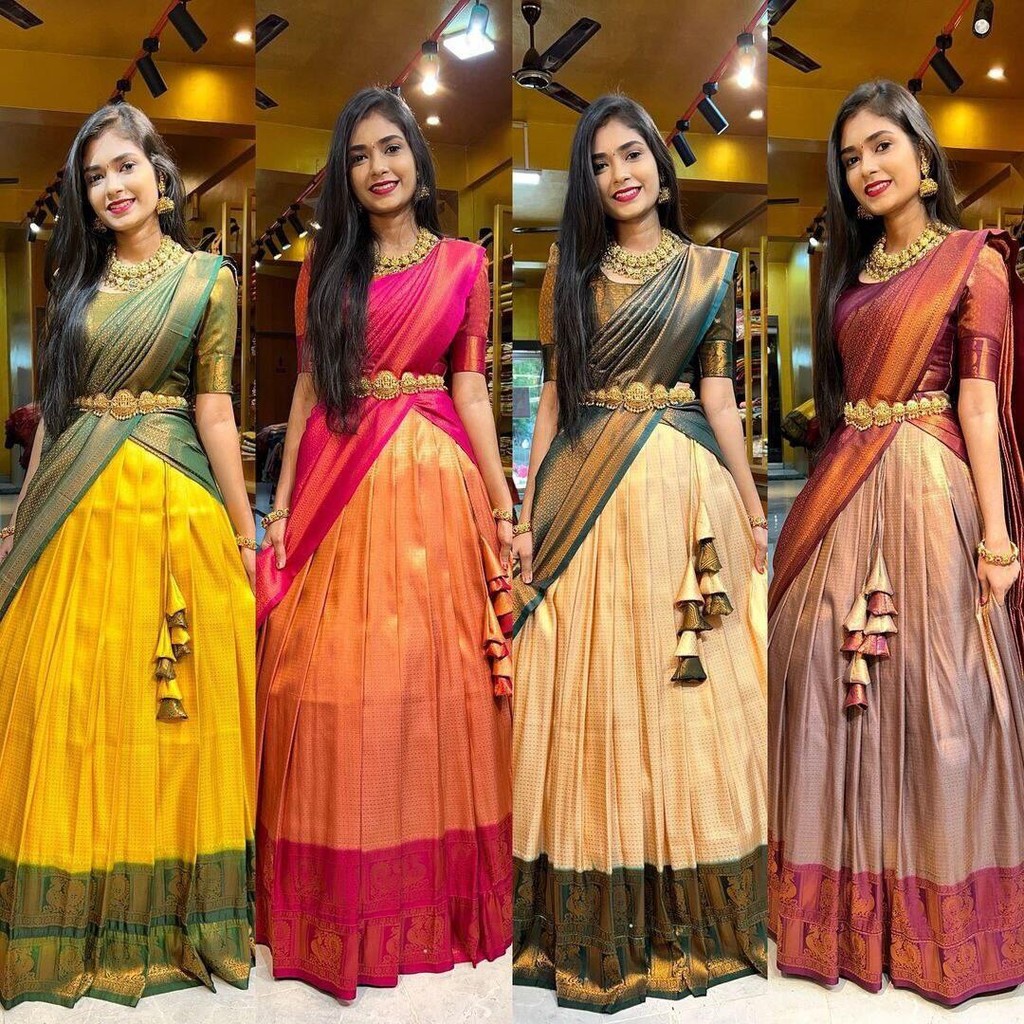 (READY STOCK)PAVADAI THAVANI **MATERIAL** Pure softy Silk Zari lehanga ...