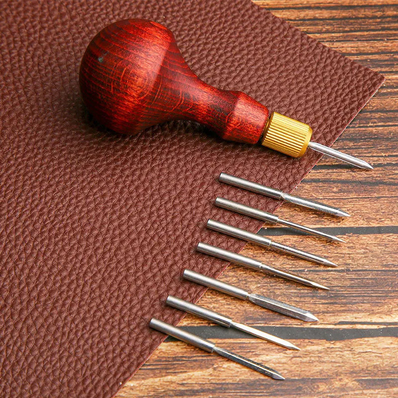 1Set DIY Kulit Penebuk Awl Pemegang Kayu Boleh Ganti Kasut Kepala Jarum ...