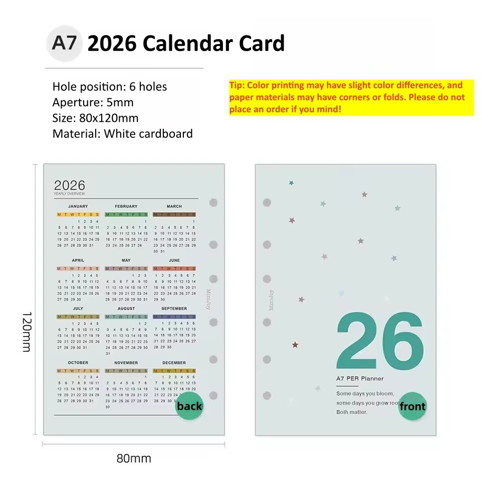 8 Fold Design 6 Holes Loose Leaf Paper 2026 Calendar A6 A7 A8 Colorful ...