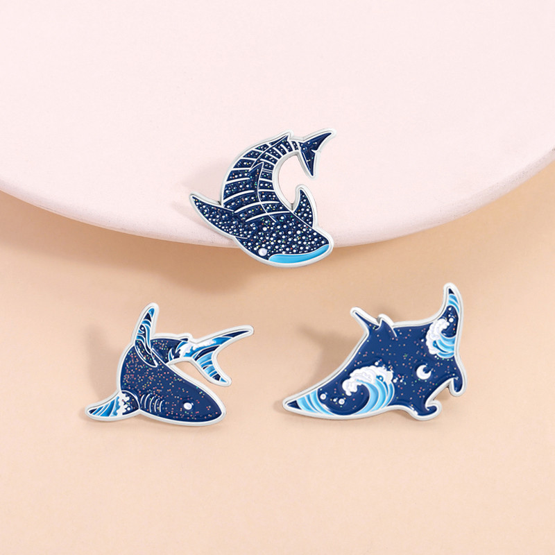 Blue Whale Shark Animal Enamel Pin Fantasy Wave Starry Sky Metal Badge ...