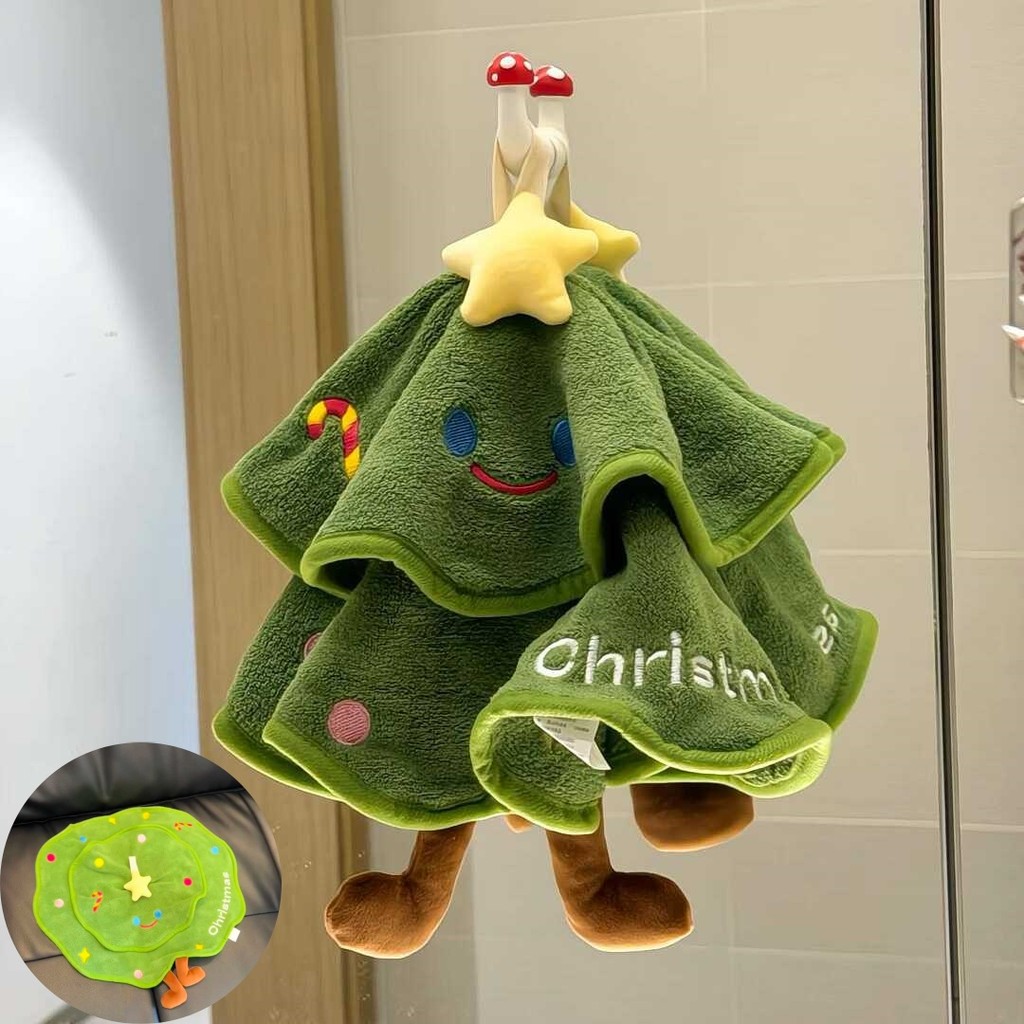 Christmas Tree Hand Towels Coral Fleece Hanging Towel Kitchen Bathroom ...